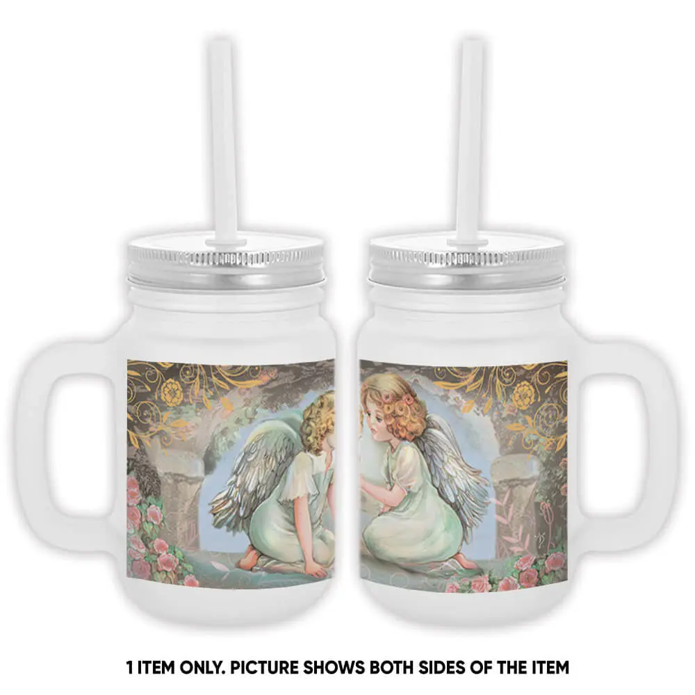 Angels : Frosted Mason Jar Catholic Religious Esoteric Victorian Gift